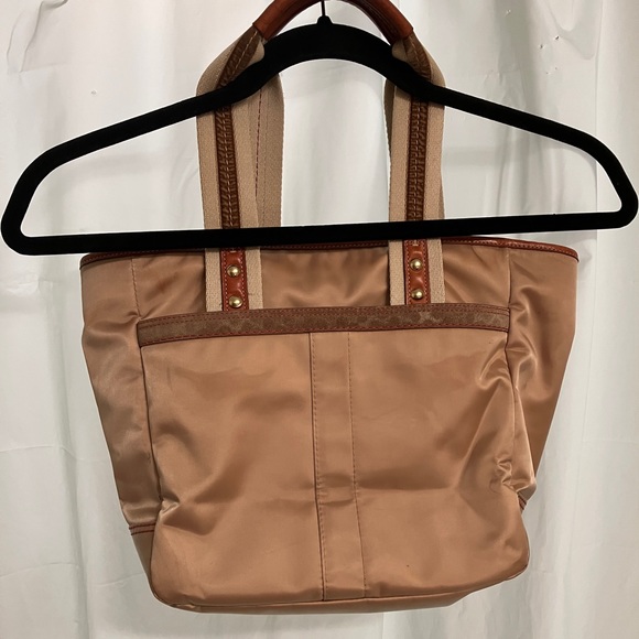 Coach | Bags | Coach Gold Sateen Brown Leather Trim Hampton Weekend ...